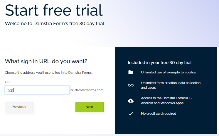 Starting a trial - Choosing a subdomain – Damstra