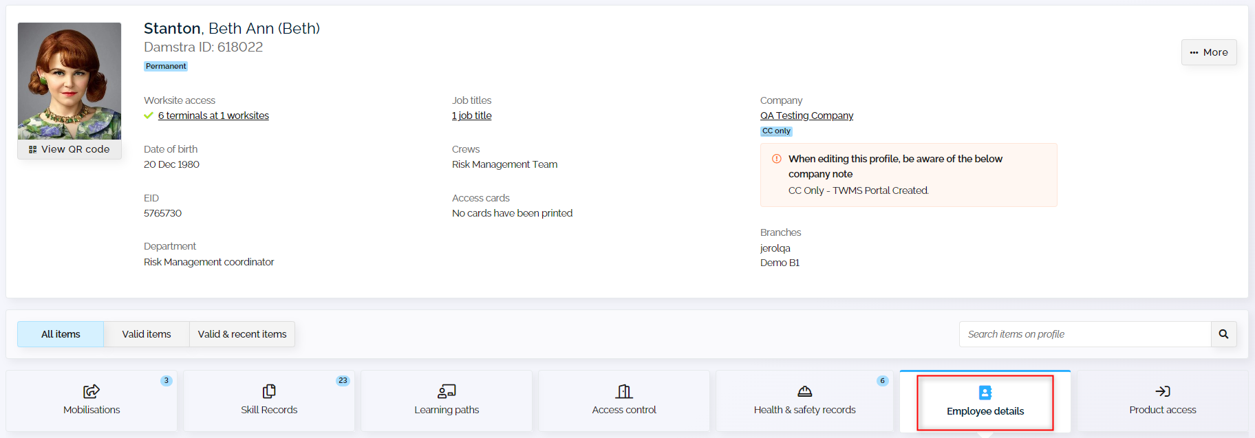 Items on Profile of Employee's Profile Page - Employee details – Damstra