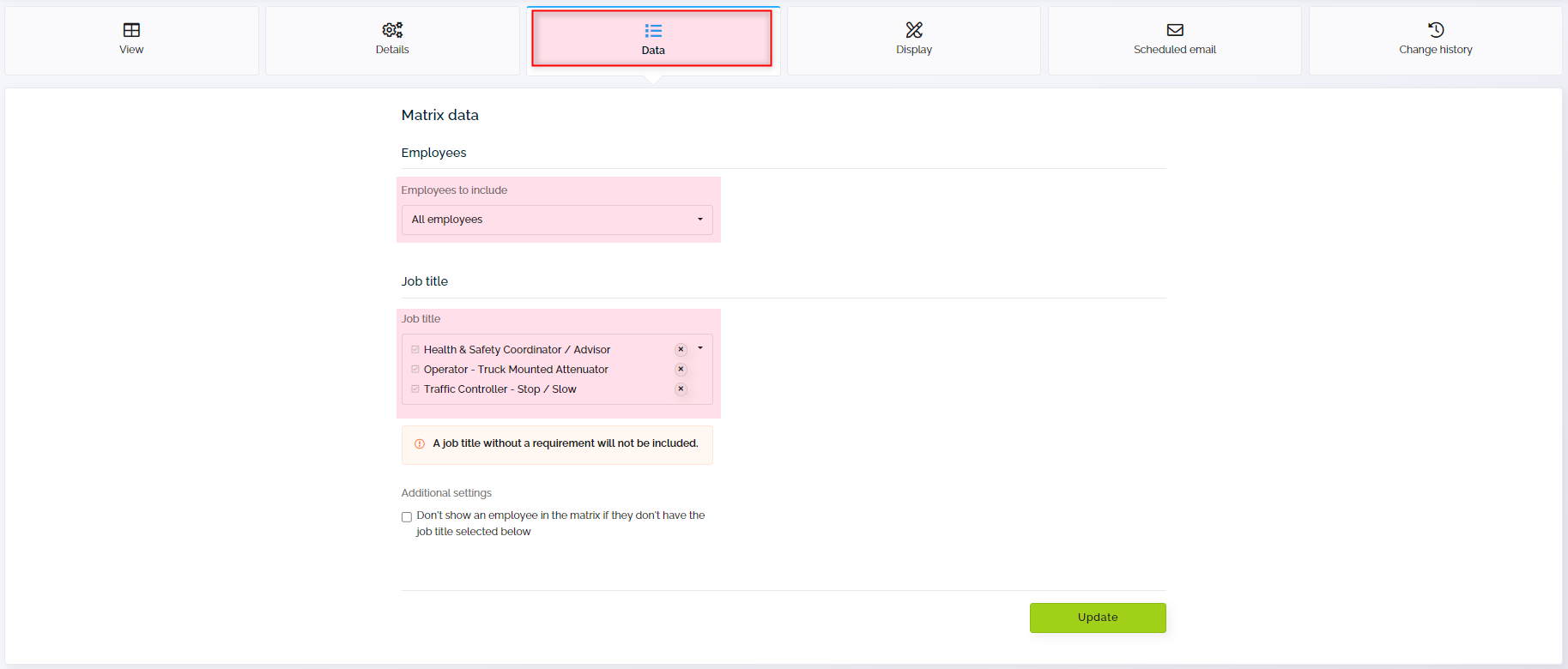Job Title Matrix Details Page – Damstra