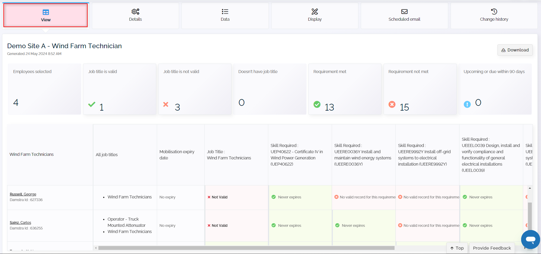 Job Title Matrix Details Page – Damstra