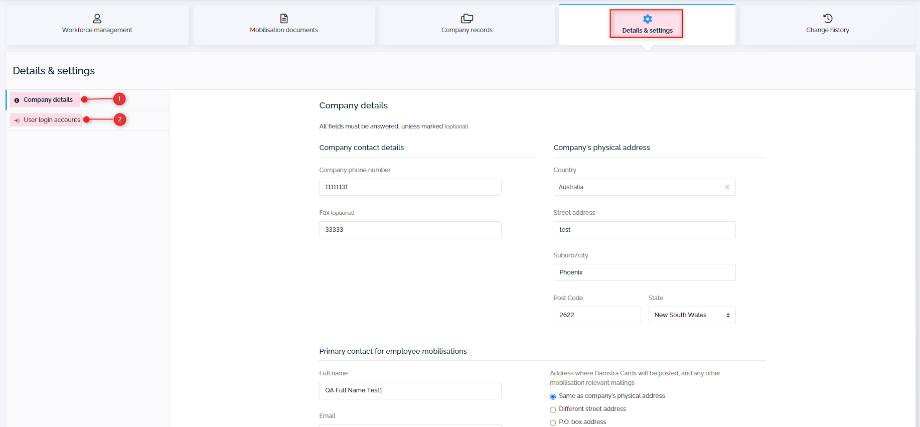 Company Details - Details & Settings – Damstra
