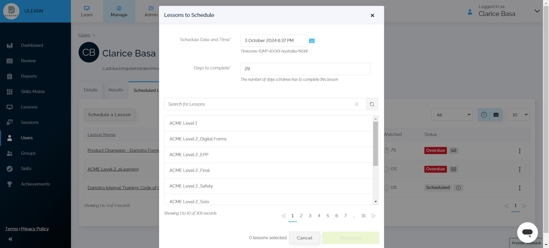 View/schedule user lessons – Damstra