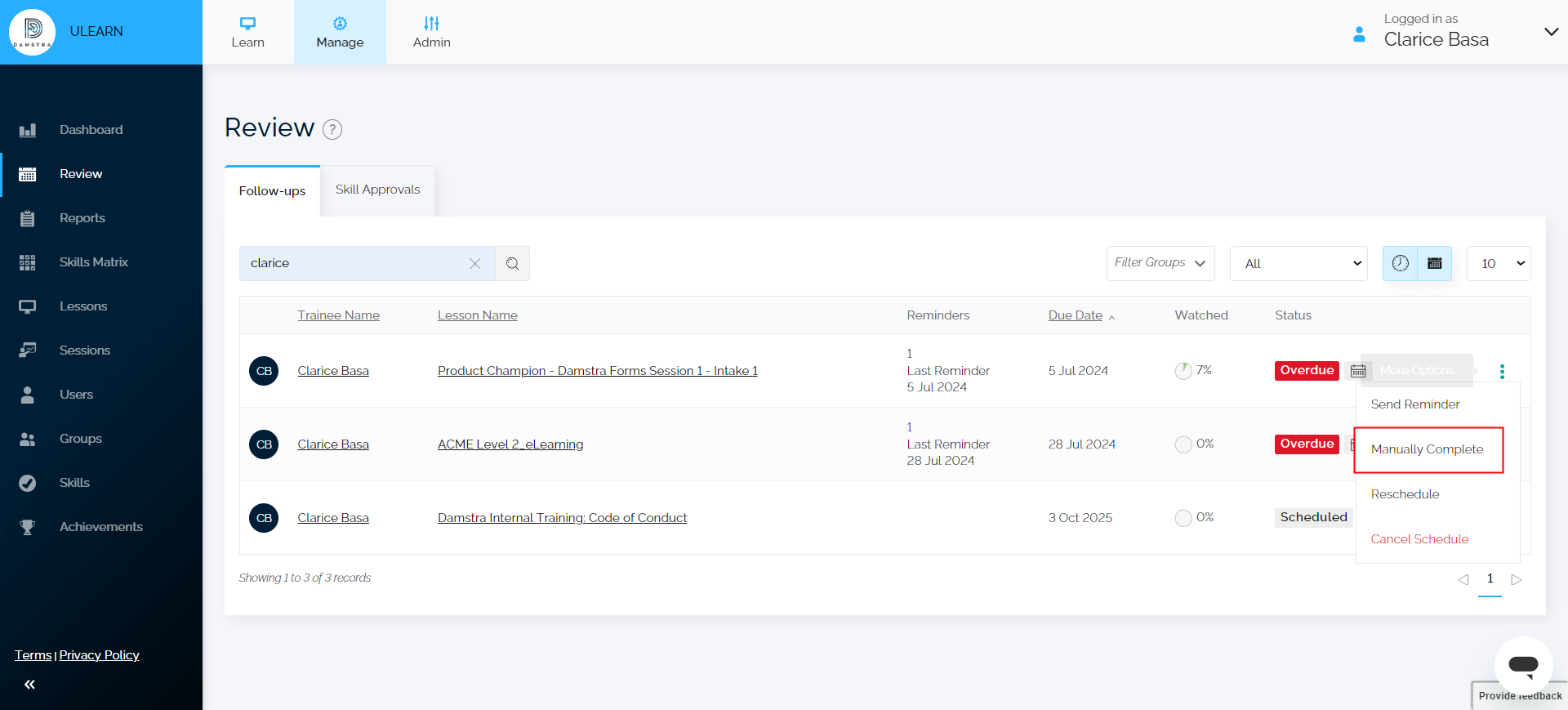 Manually complete a lesson – Damstra