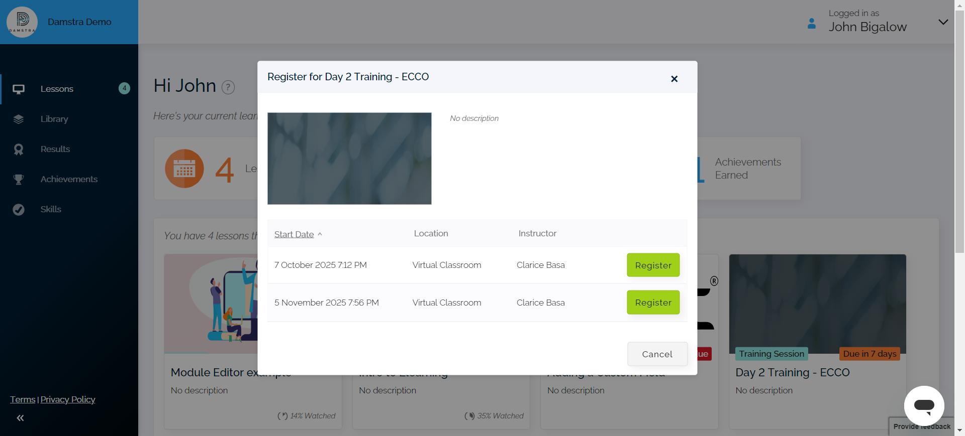 Trainee ILT session registration – Damstra