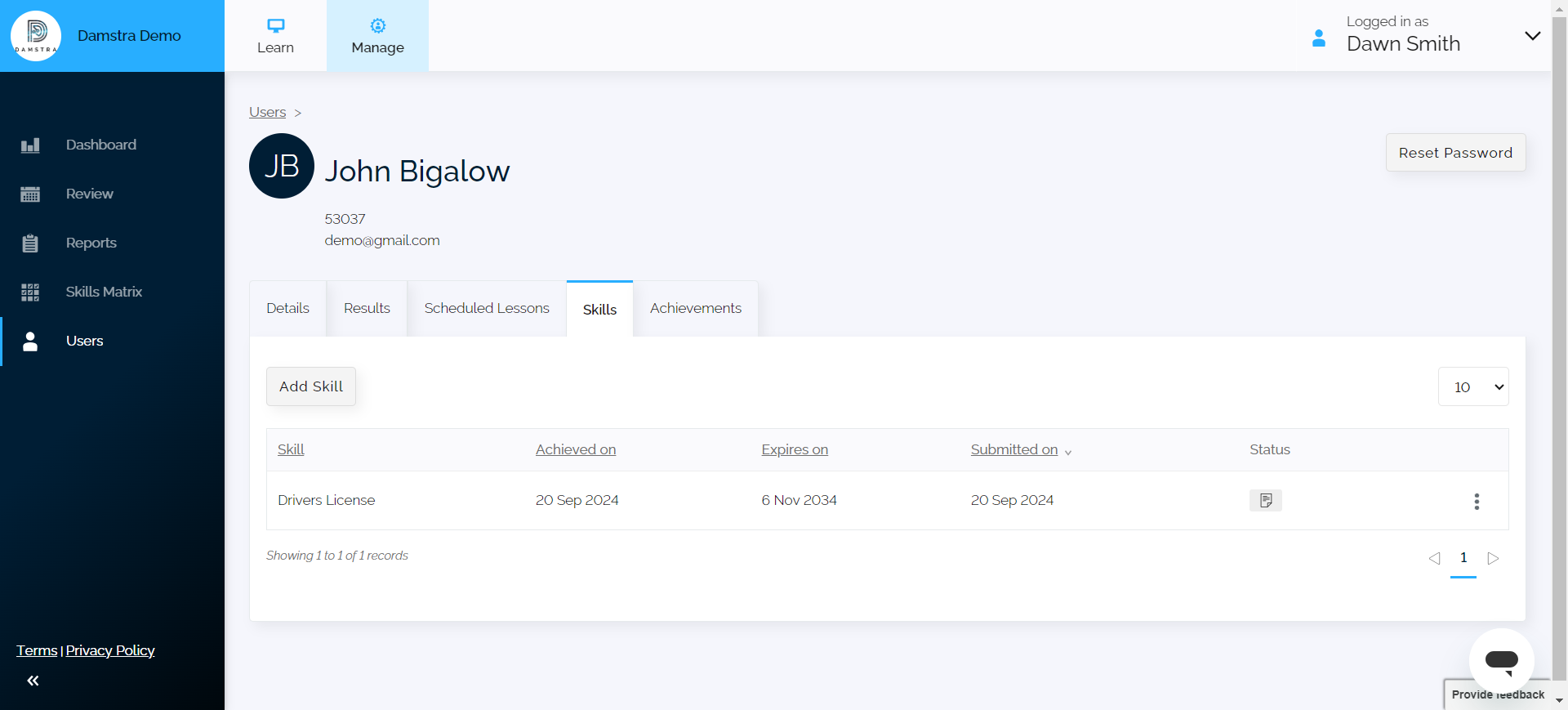 Managing Skills for a Trainee – Damstra