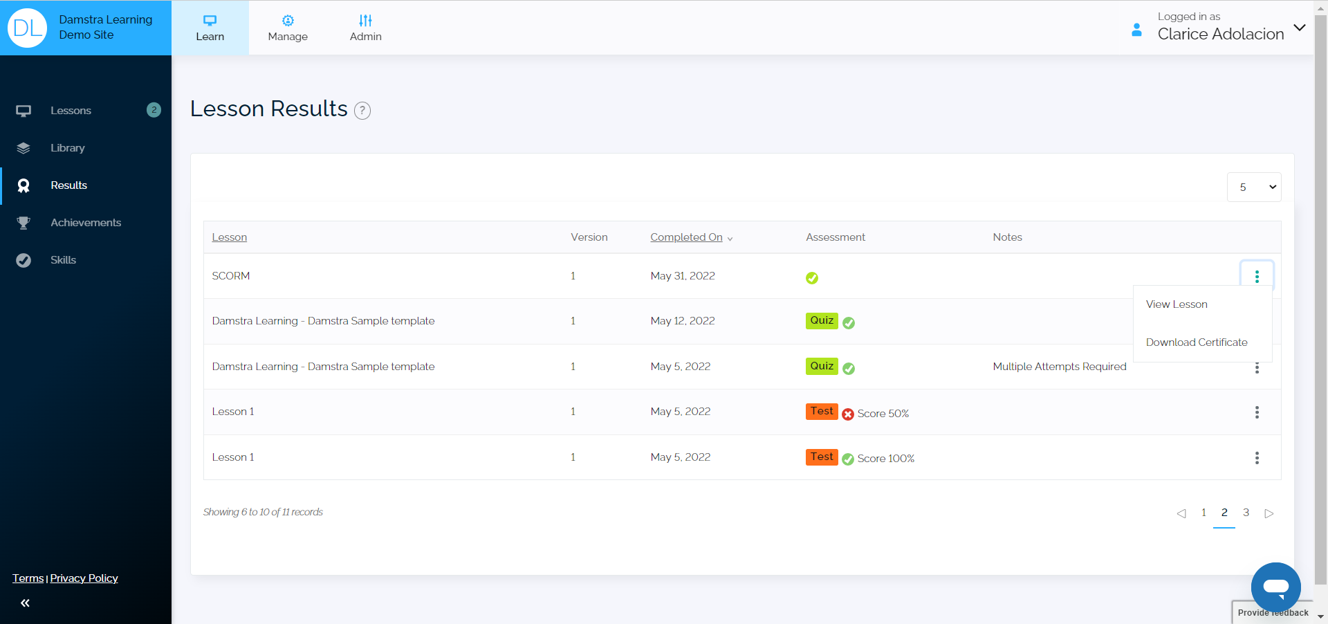 Viewing Lesson Results – Damstra
