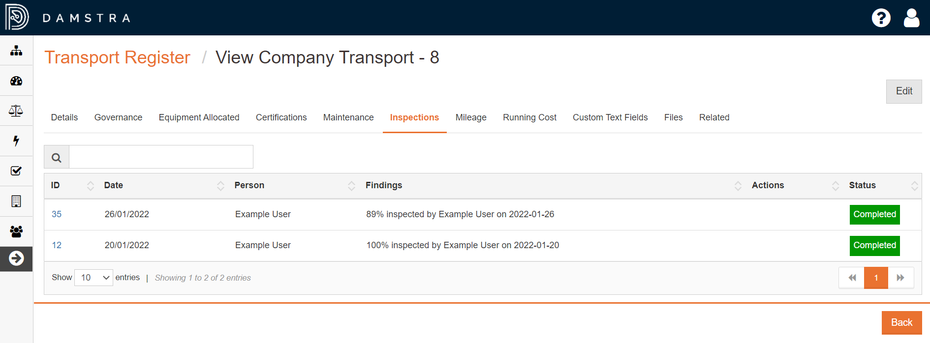 Example use case - Damstra Safety vehicle inspection integration – Damstra