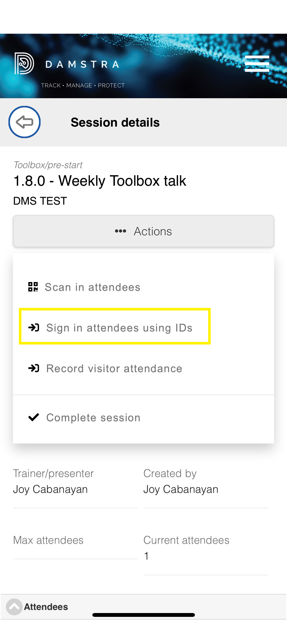 Mobile App - Signing in attendees with their IDs – Damstra