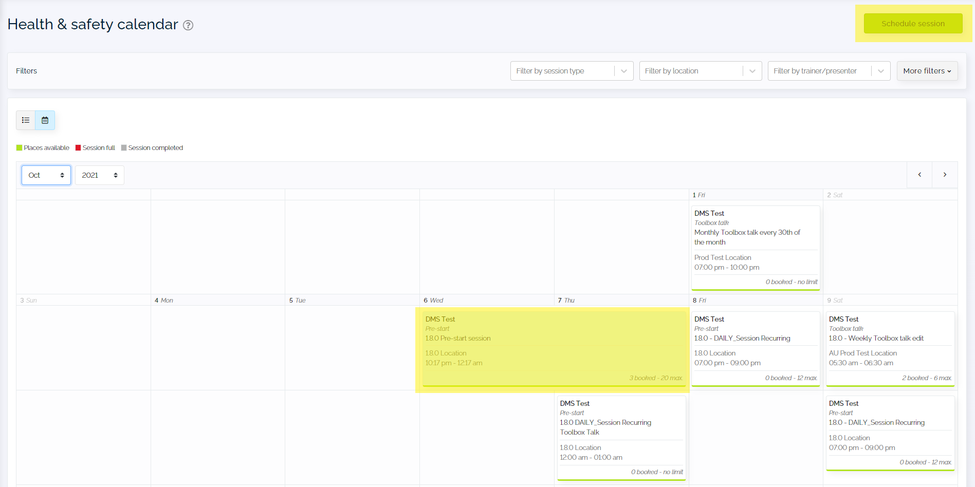 Working with the calendar of scheduled sessions – Damstra