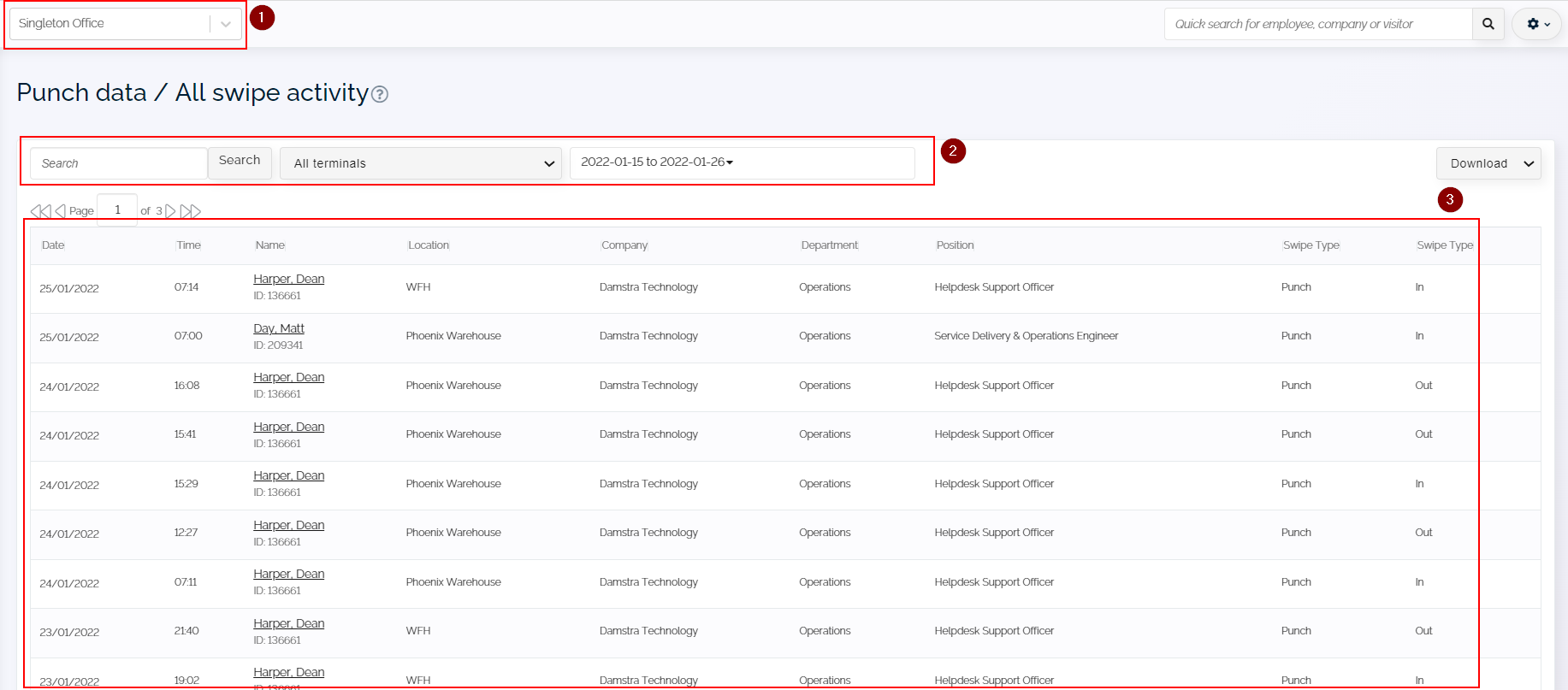 Punch data / All swipe activity – Damstra