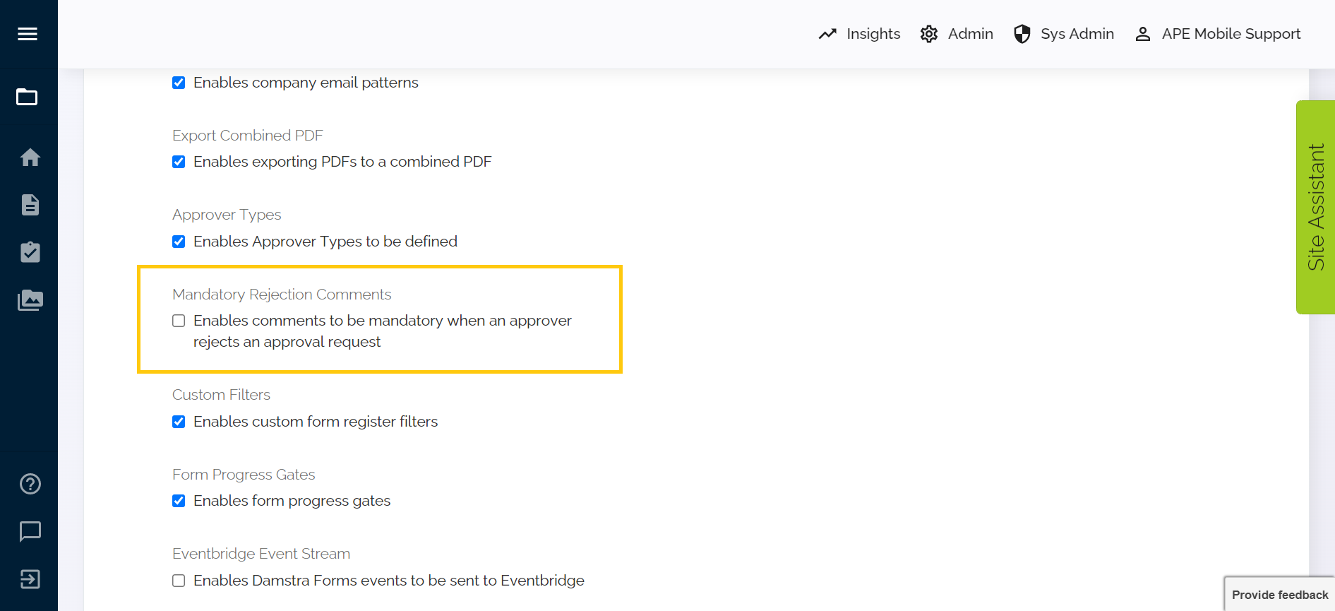 Mandatory Rejection Comments Feature Flag – Damstra